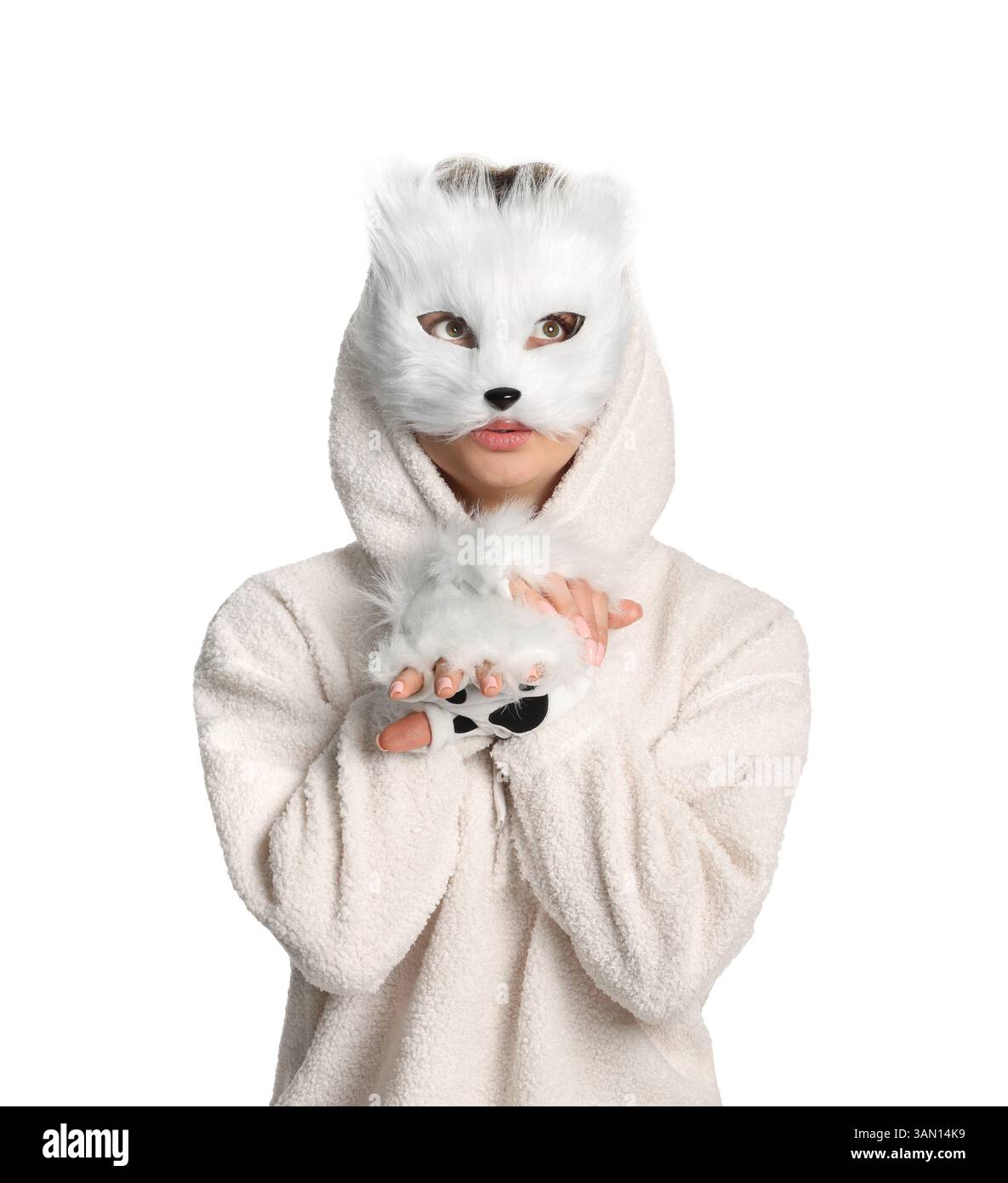 Quadrobics. Woman wearing cat mask and gloves on white background Stock ...