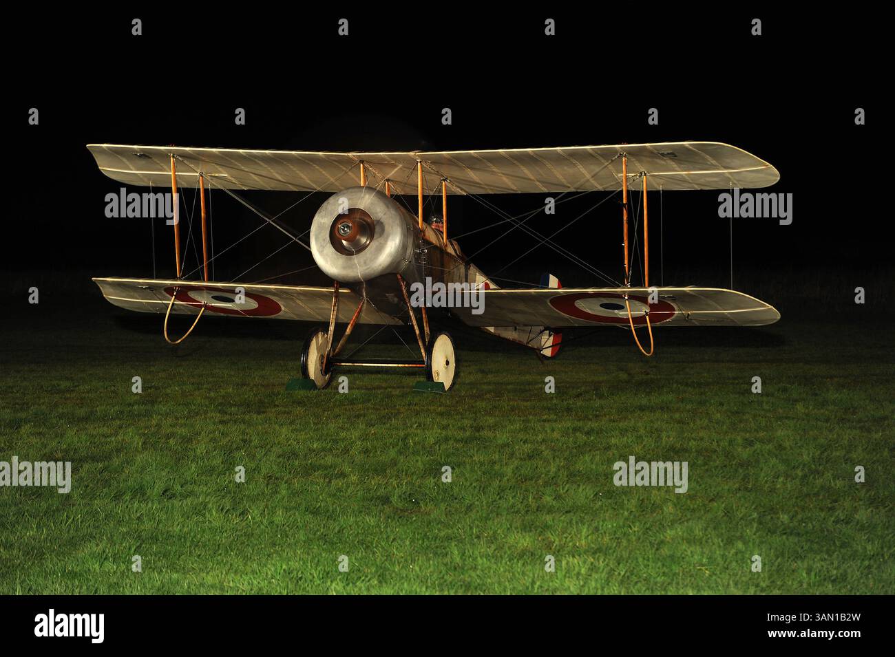Bi-plane at Stow Maries Great War Aerodrome performing an after-dark engine run Stock Photo - Alamy