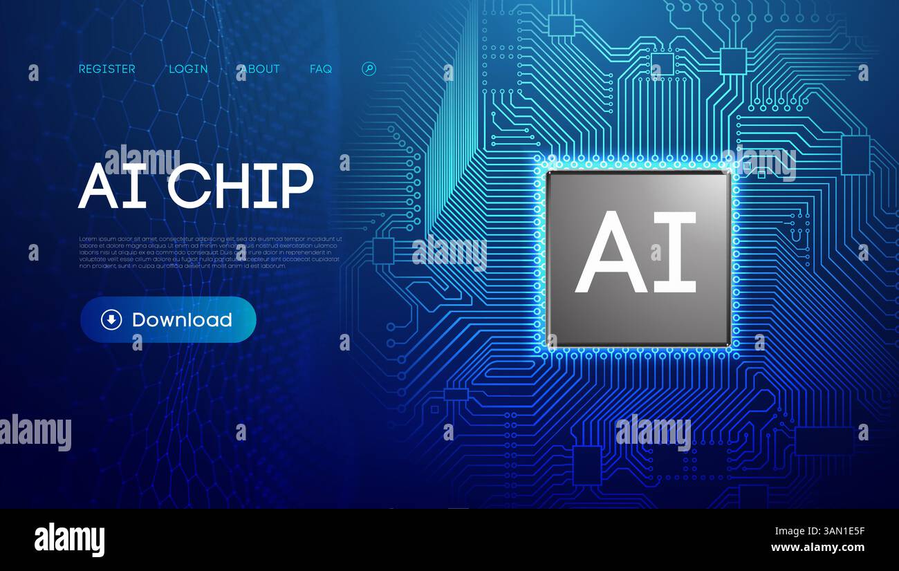 3d ai chip tech background, computer semiconductor circuit board. Abstract digital blue data ...