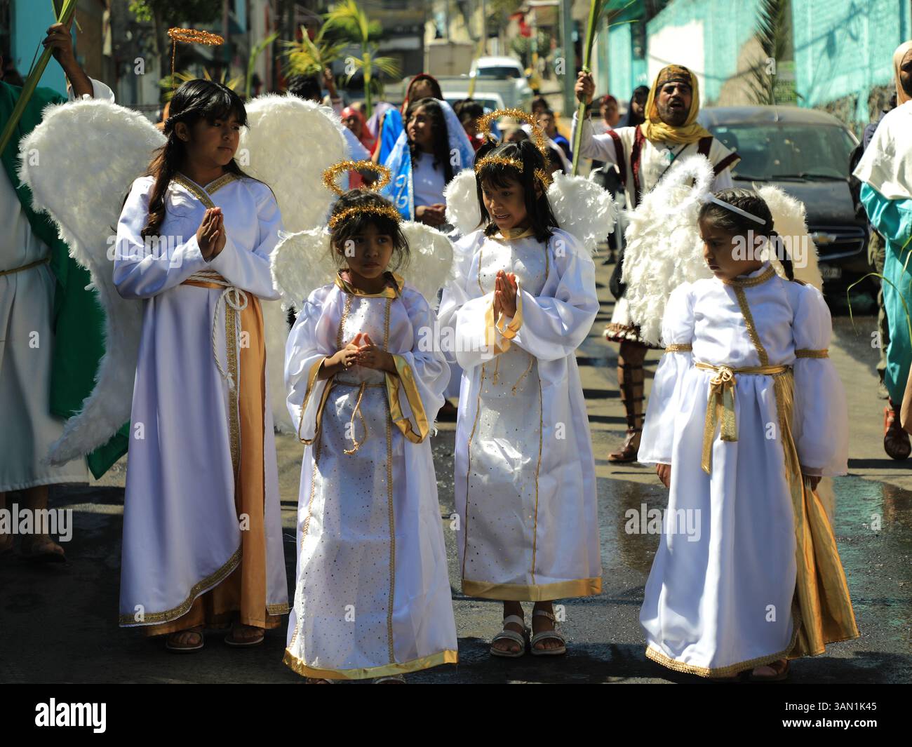 Children dressed as angels taking part during the reenactment of the ...