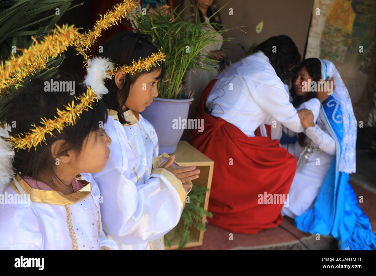 Children dressed as angels taking part during the reenactment of the ...