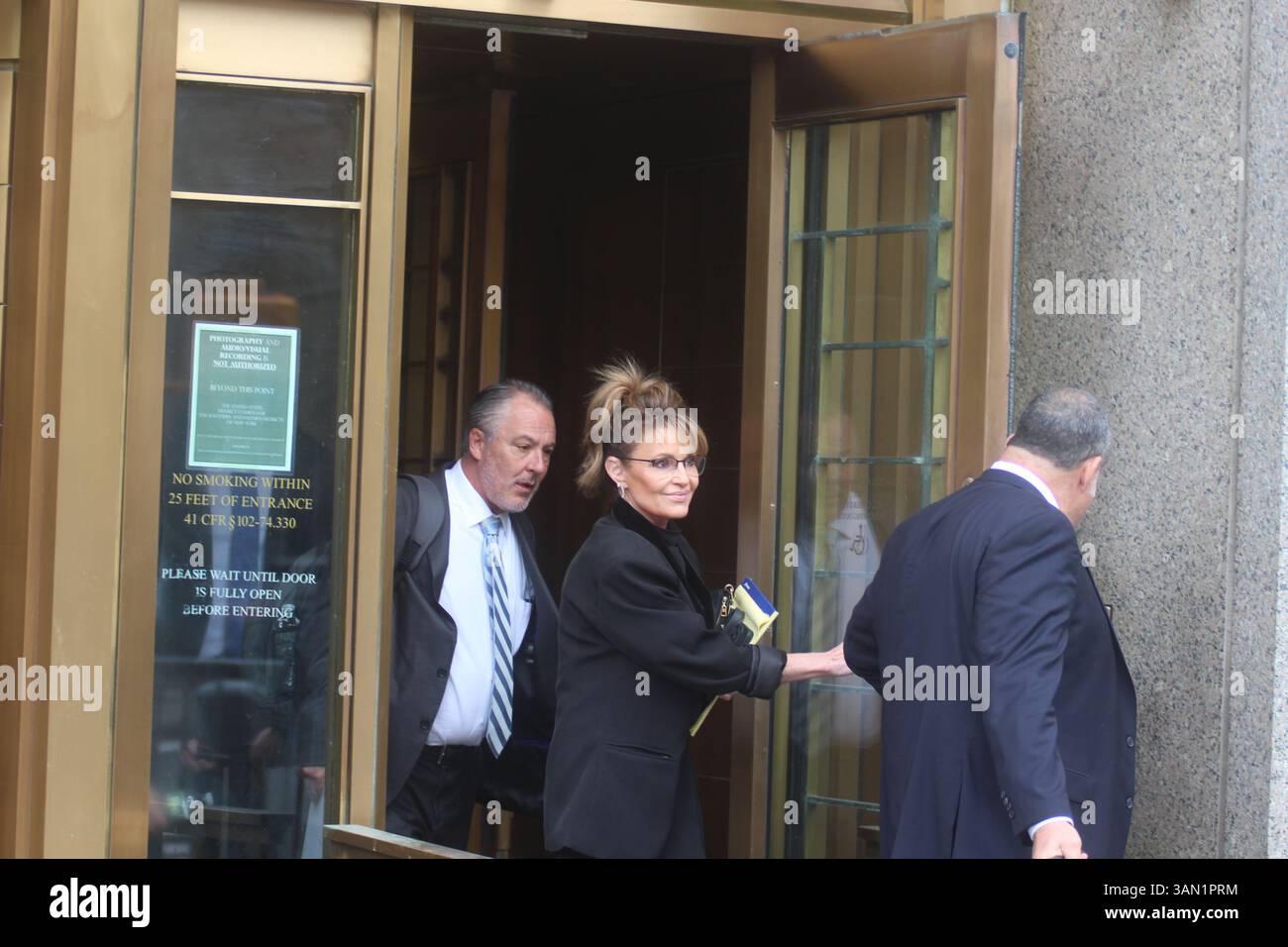 New York, USA. 14th Apr, 2025. Sarah Palin leaves SDNY courthouse amid ...