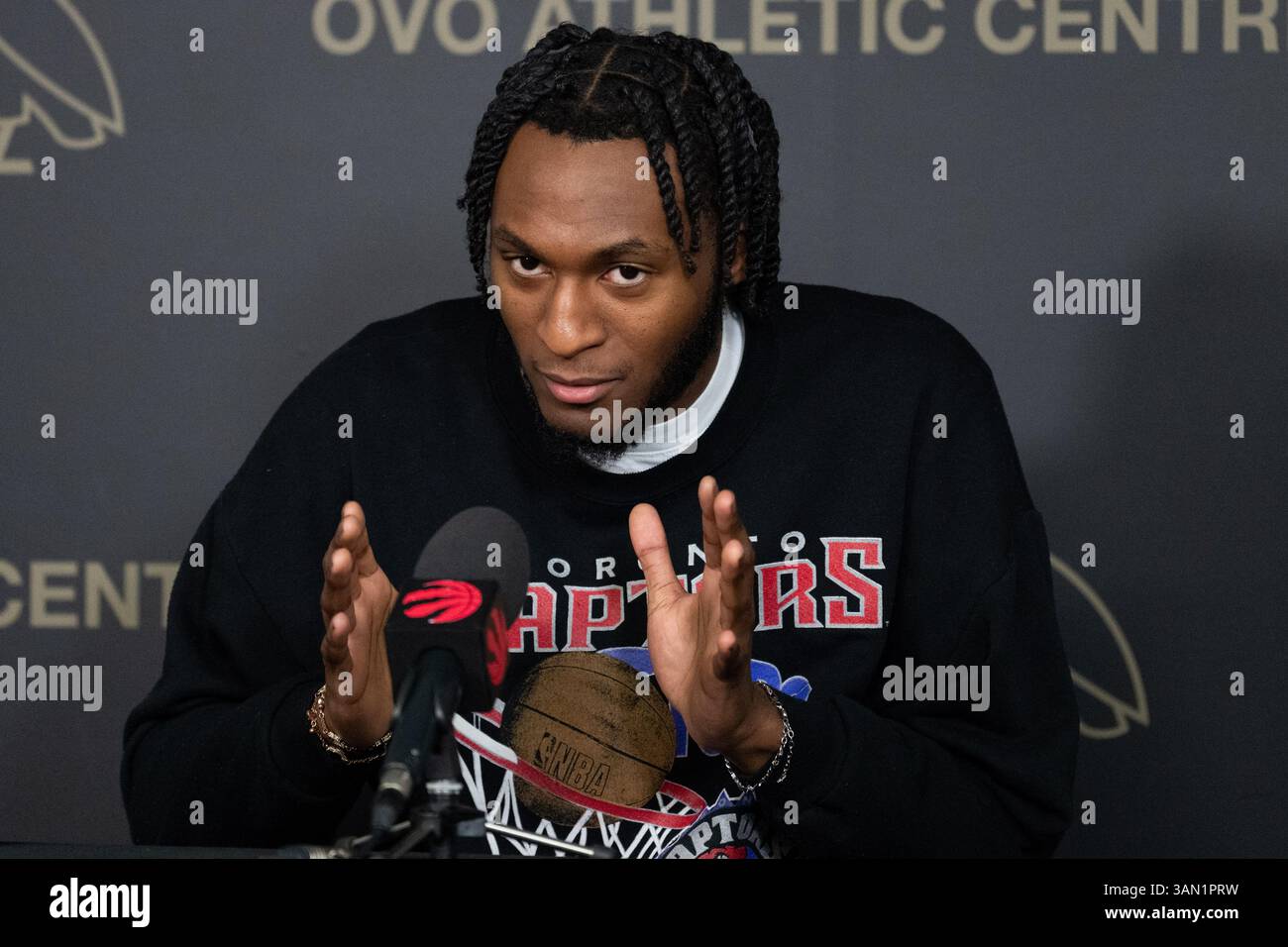 Toronto Raptors guard Immanuel Quickley (5) speaks to the media at the ...
