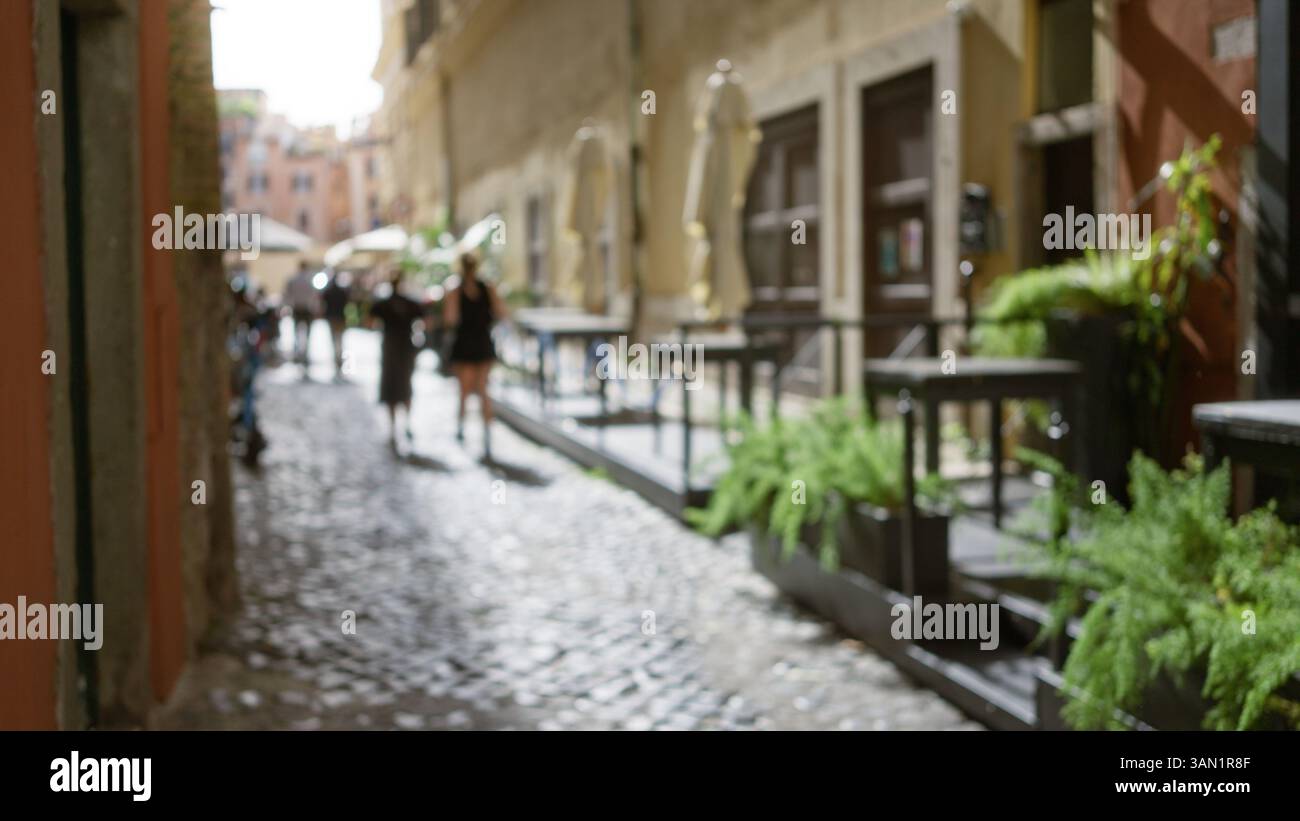 Street scene in rome with blurred figures walking on cobblestone in an ...