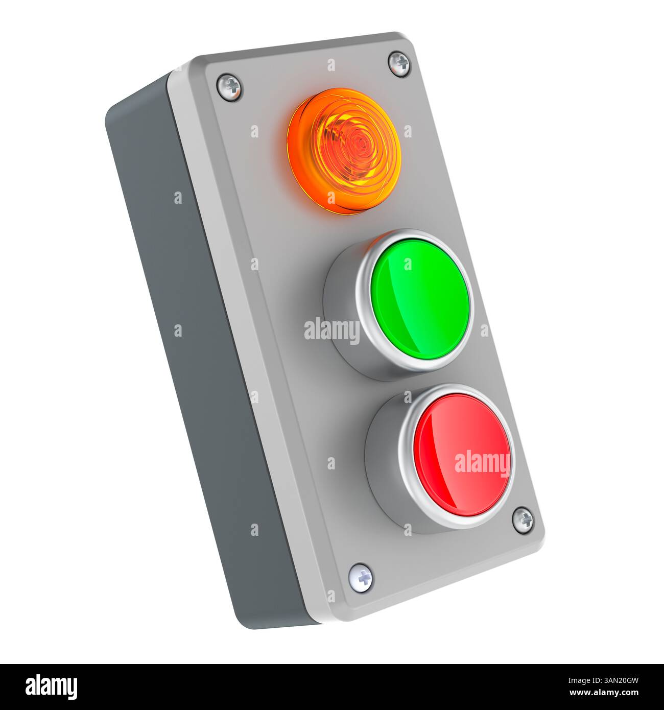Push button station switch with green start and red stop buttons. 3D rendering isolated on white ...
