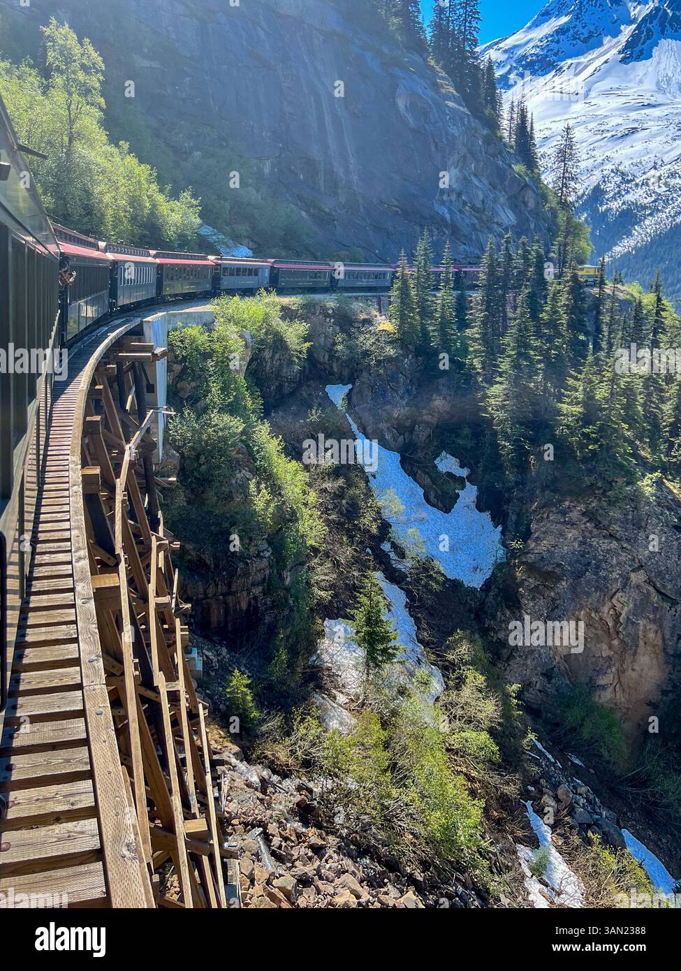 The historic White Pass & Yukon Route train winds through the rugged ...