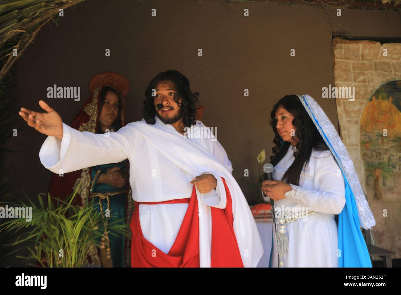 An actor representing Jesus taking part during the reenactment of the ...