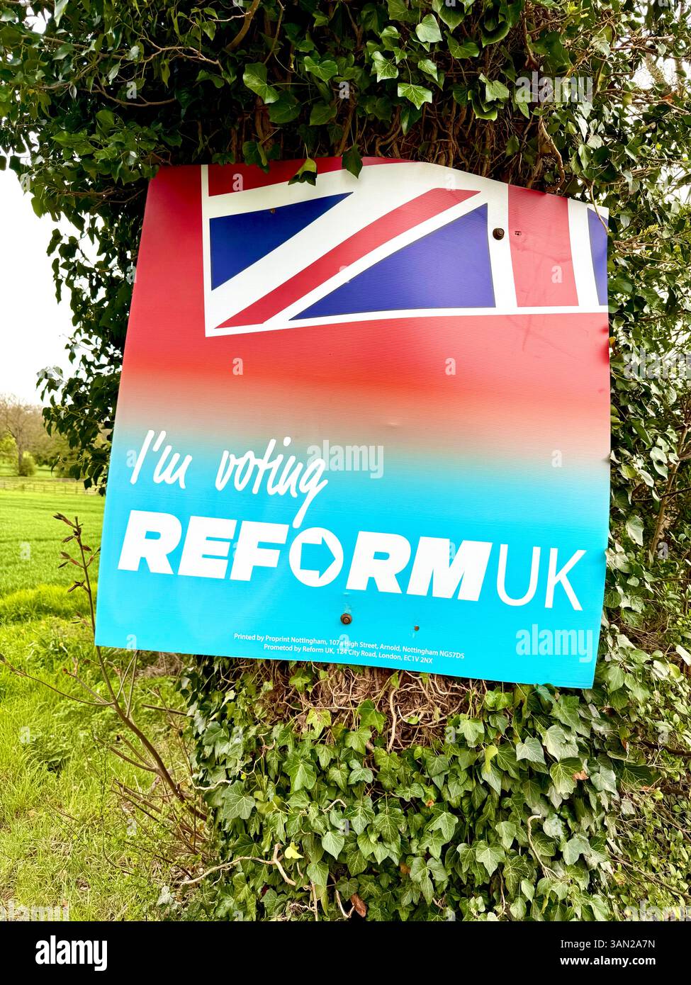 A Reform UK local election promotional sign in a rural location in ...