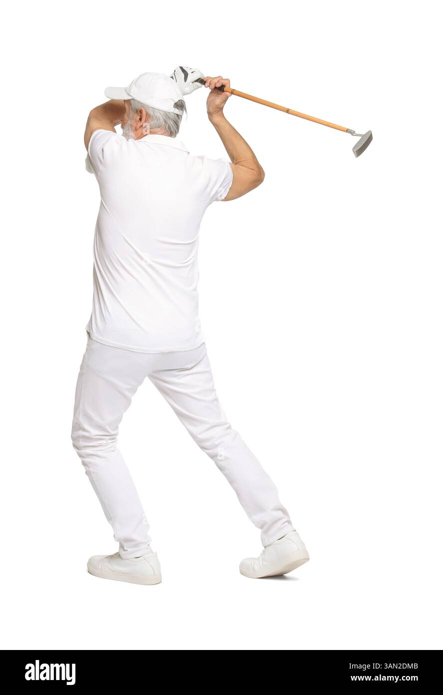 Senior man with golf club on white background, back view Stock Photo ...