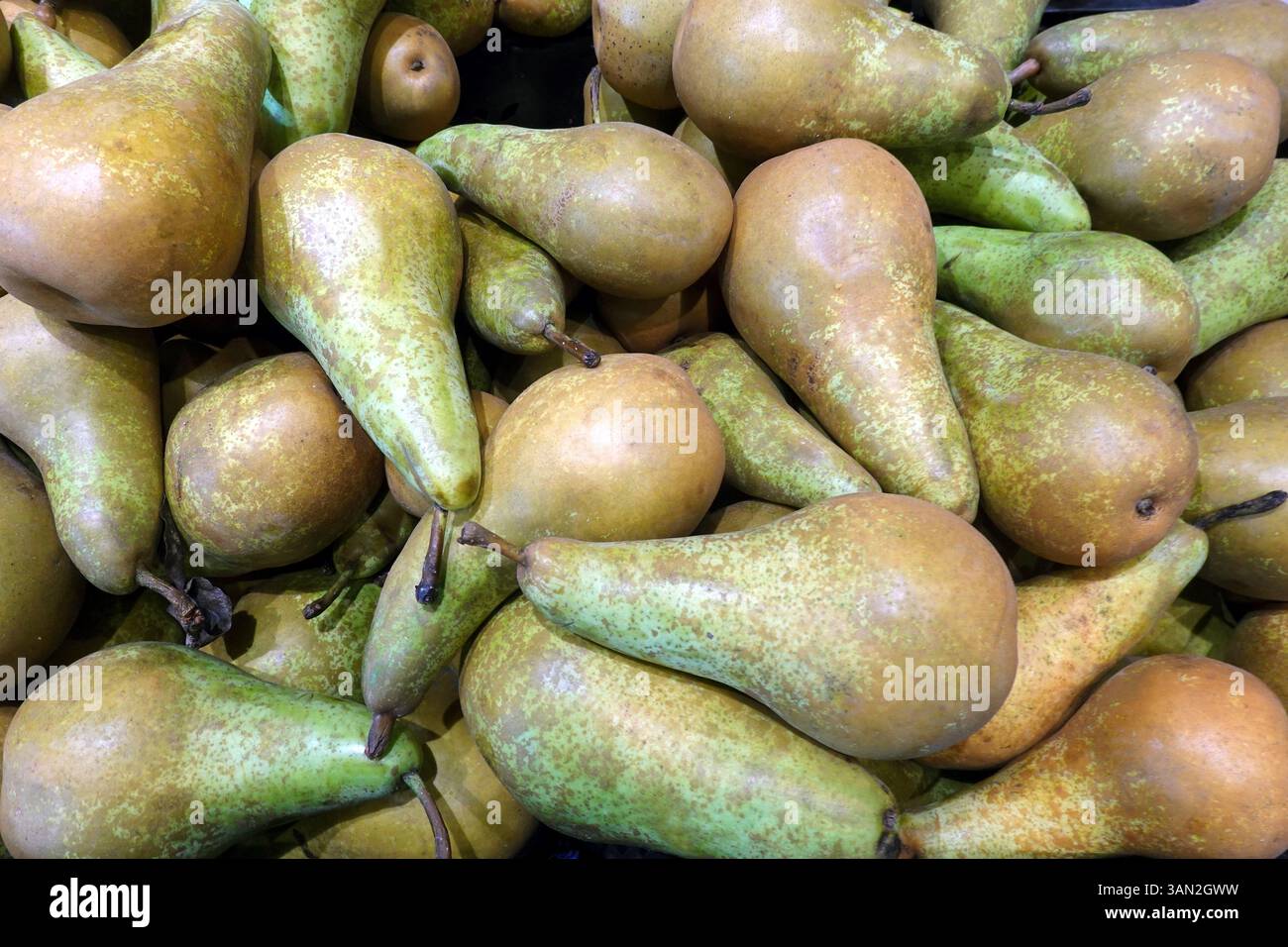 Still life with close-up view of many Conference pears on the vegetable ...