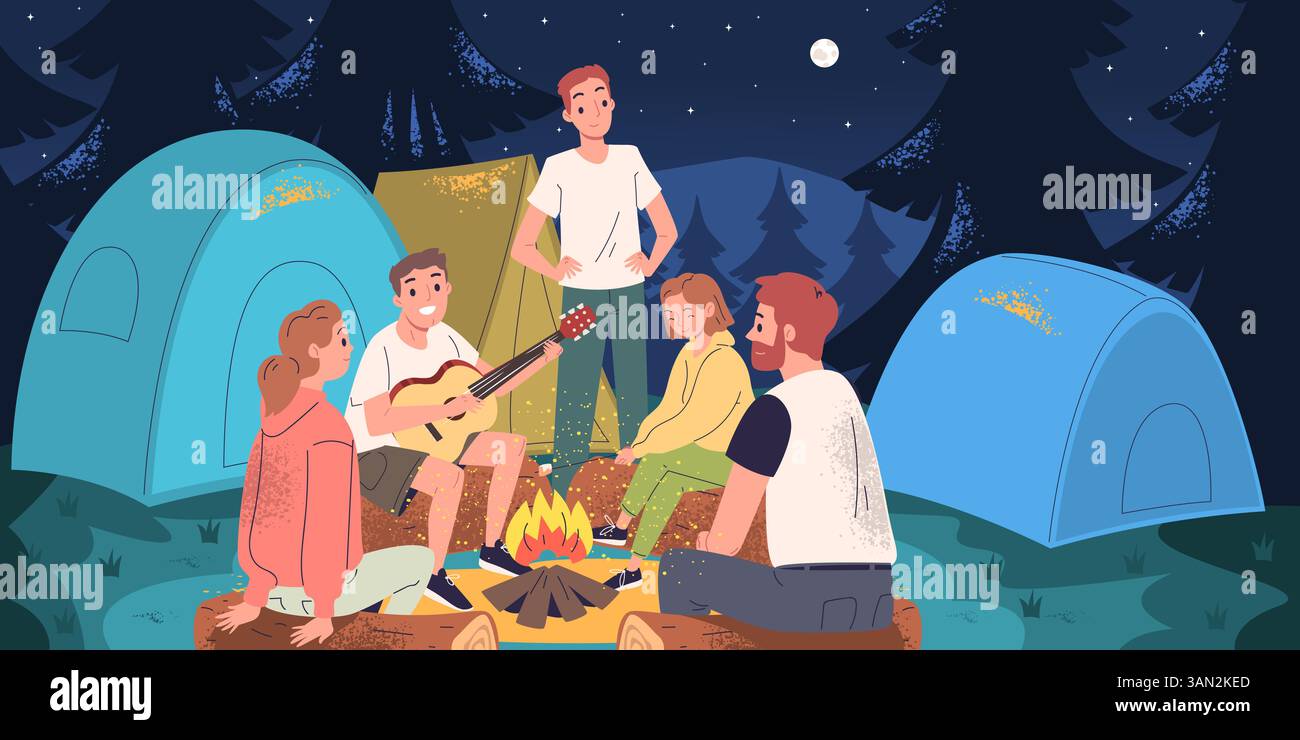 People night camp. Friends with guitar and marshmallow sitting around ...