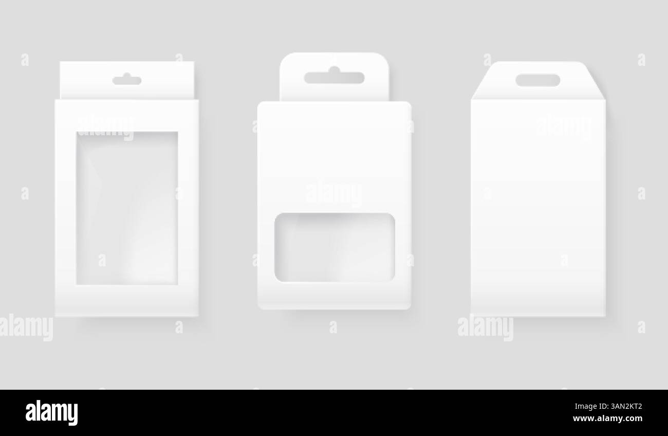 Realistic hanging packaging. Hang product package mockup, accessories ...