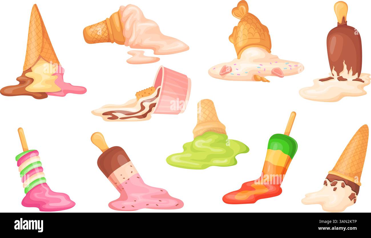 Fallen ice cream. Melted icecream, spill cream on floor ground upside ...