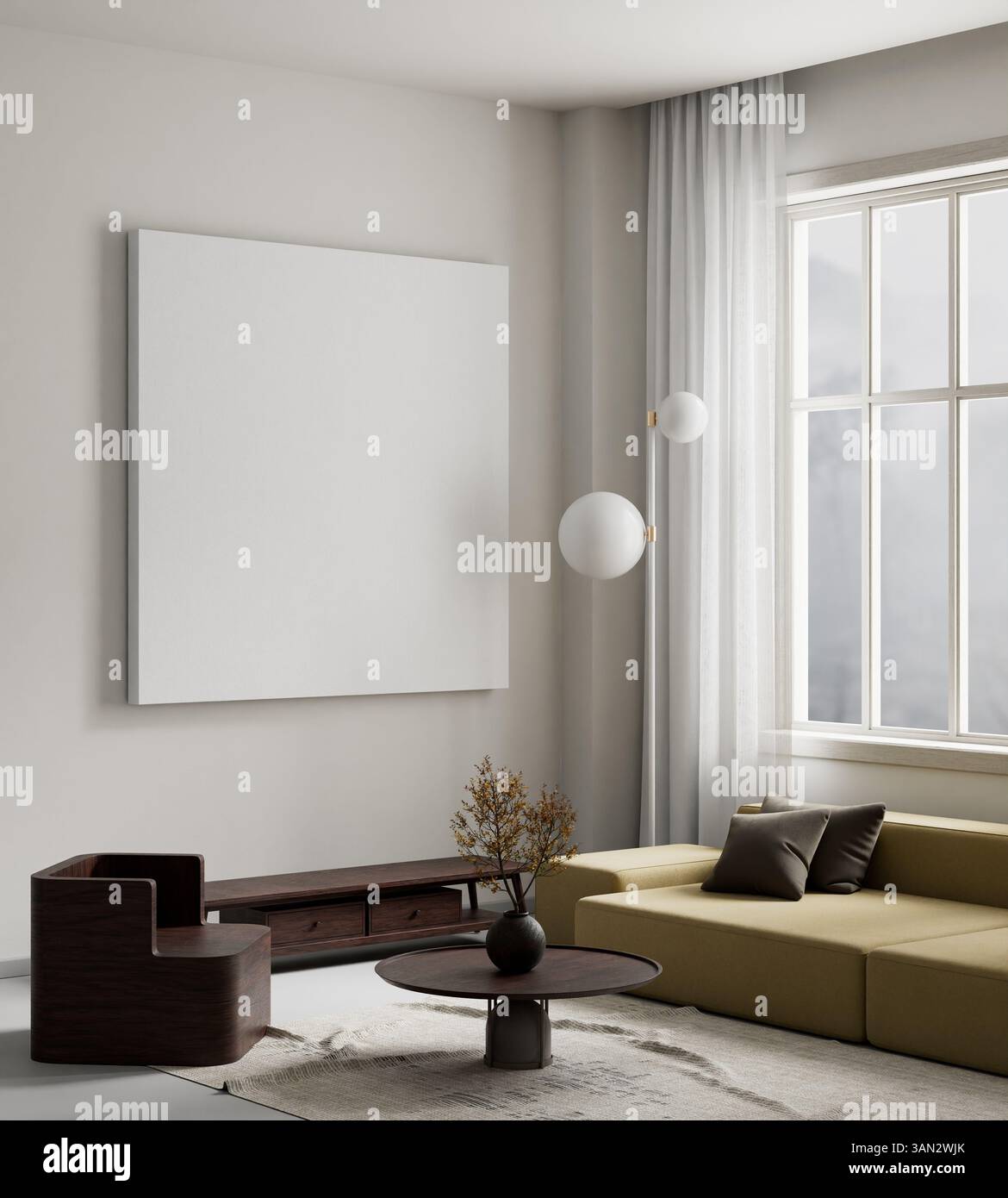 living room interior mock up with modern furnitures. Poster frame mock ...