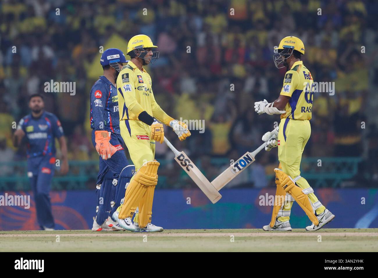 LUCKNOW, INDIA - APRIL 14: Shaik Rasheed of Chennai Super Kings (R) and ...