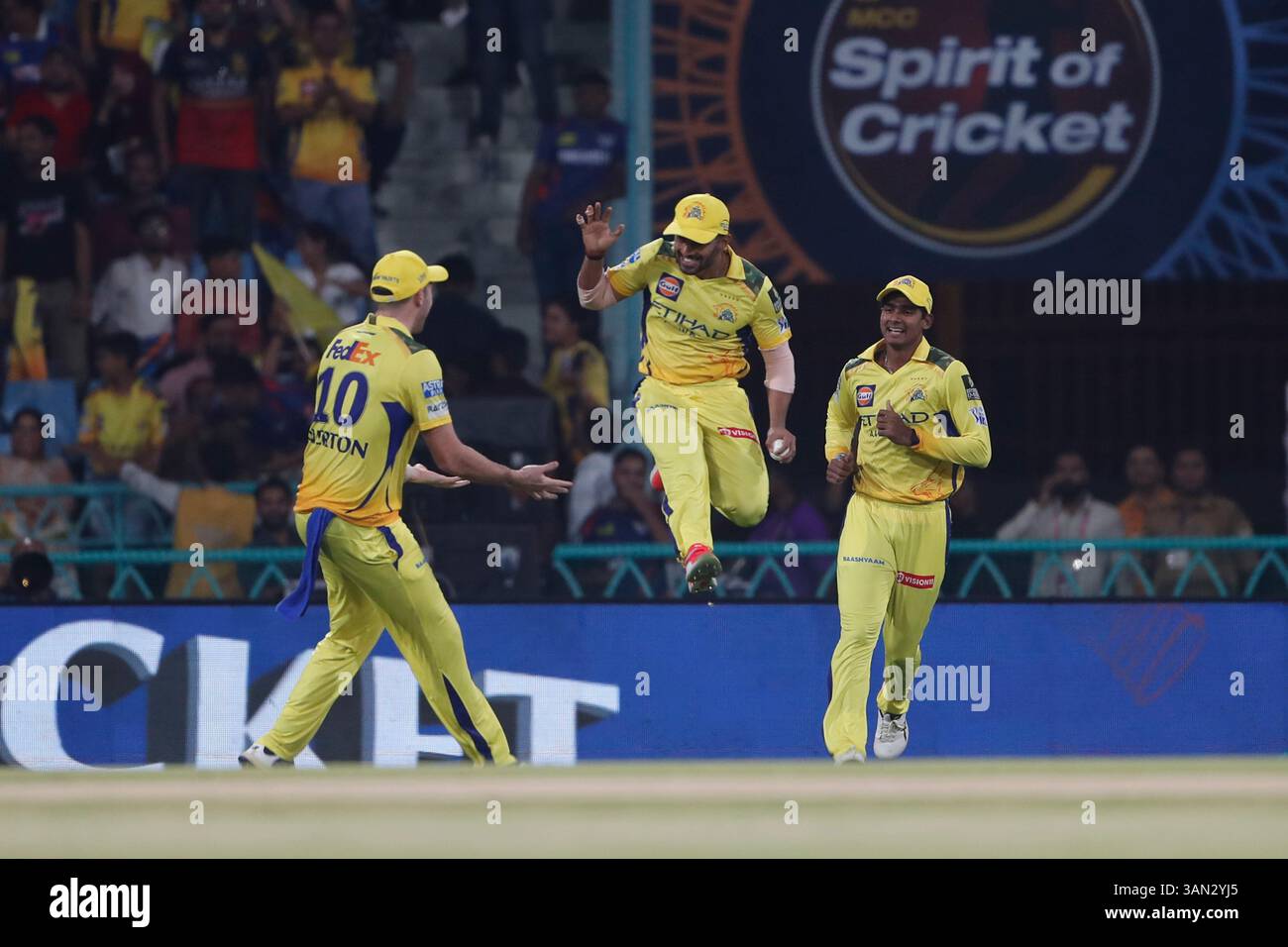 LUCKNOW, INDIA - APRIL 14: Rahul Tripathi of Chennai Super Kings takes the catch to dismiss ...