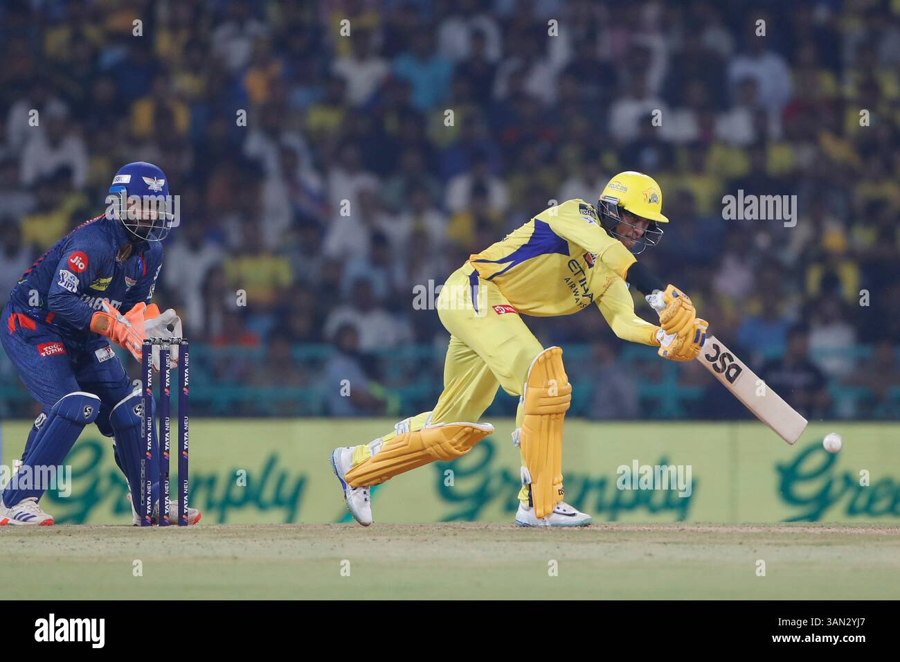 LUCKNOW, INDIA - APRIL 14: Rachin Ravindra of Chennai Super Kings play shots during the 2025 IPL ...