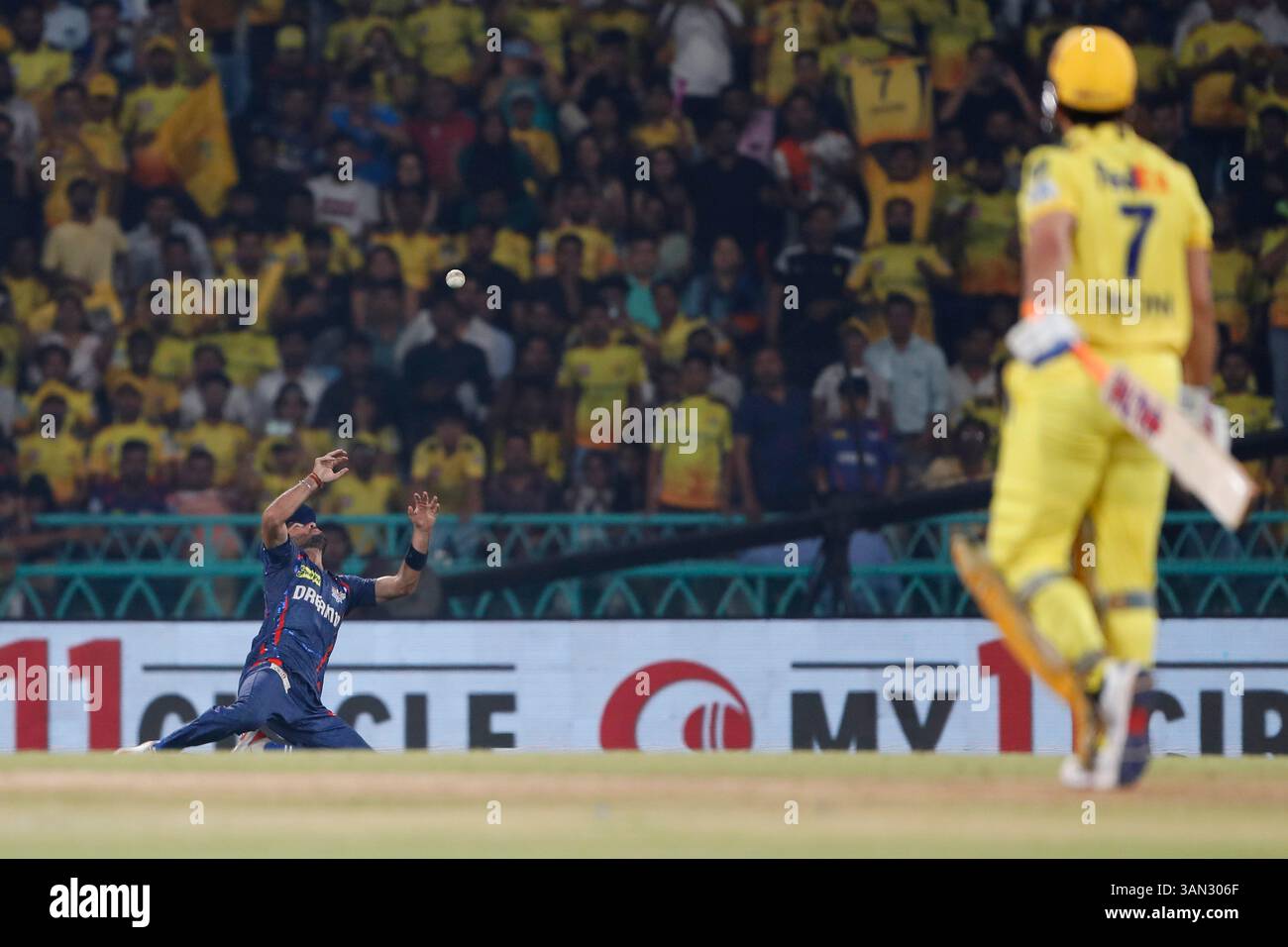 LUCKNOW, INDIA - APRIL 14: Ravi Bishnoi of Lucknow Super Giants drop a ...