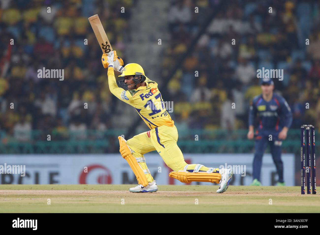 LUCKNOW, INDIA - APRIL 14: Rachin Ravindra of Chennai Super Kings play a shots during the 2025 ...
