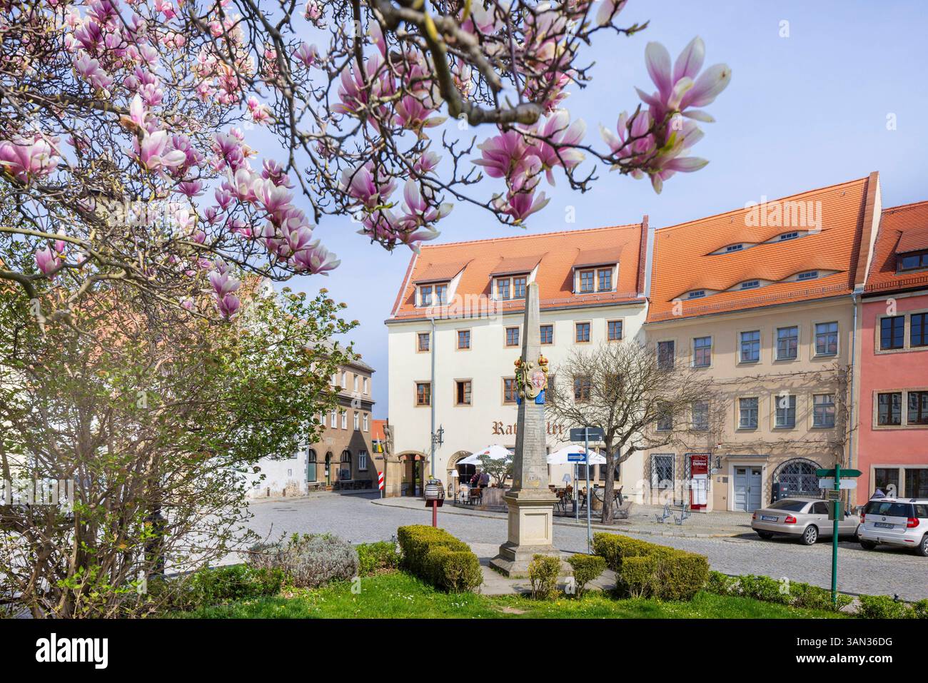 Dohna im Frühling Marktplatz mit Kursächsischer Postmeilensäule. Dohna ...