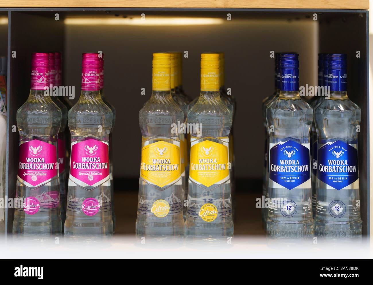 PRODUCTION - 10 April 2025, Hesse, Wiesbaden: Bottles of the "Vodka ...