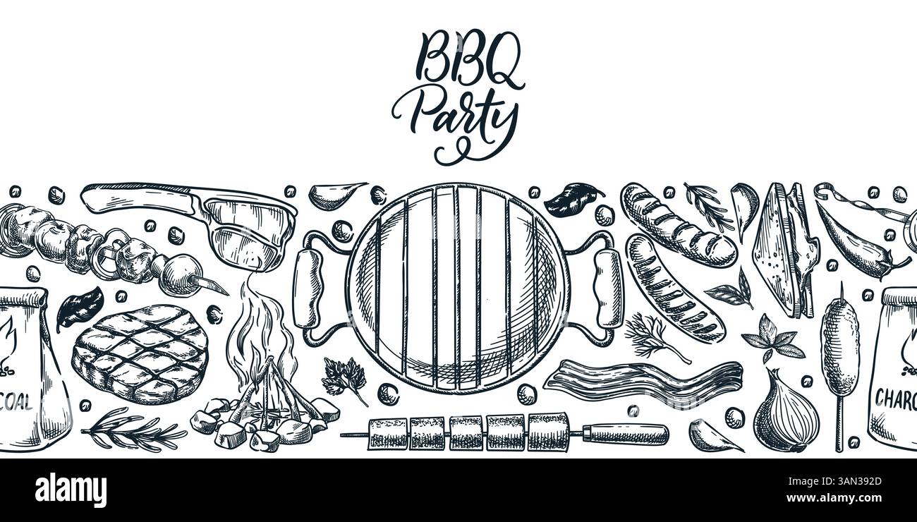 BBQ party menu for picnic. Seamless horizontal backdrop. Vector hand ...