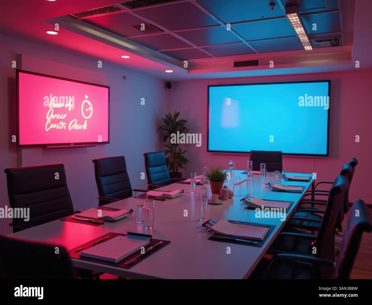A sleek conference room features a long table set for a meeting under ...