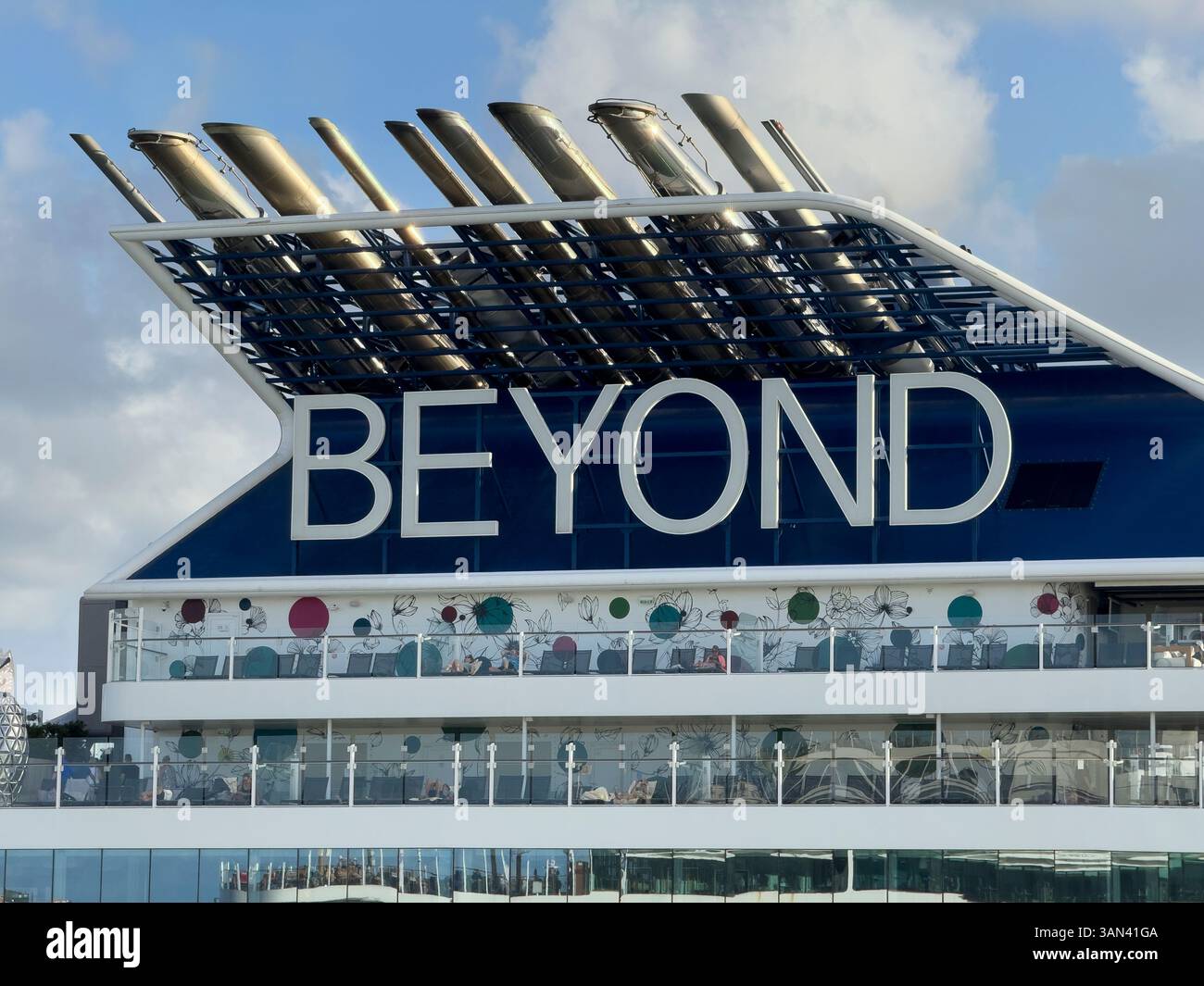 Celebrity Beyond cruise ship funnels Stock Photo - Alamy