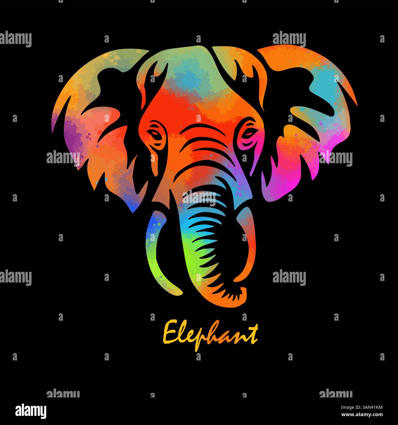 Elephant colored head on black background. hand drawing. Not AI, Vector ...