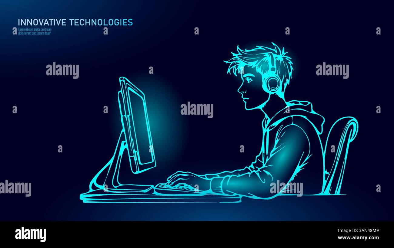 Boy uses computer headphones. He sits focused typing coding. Suitable ...