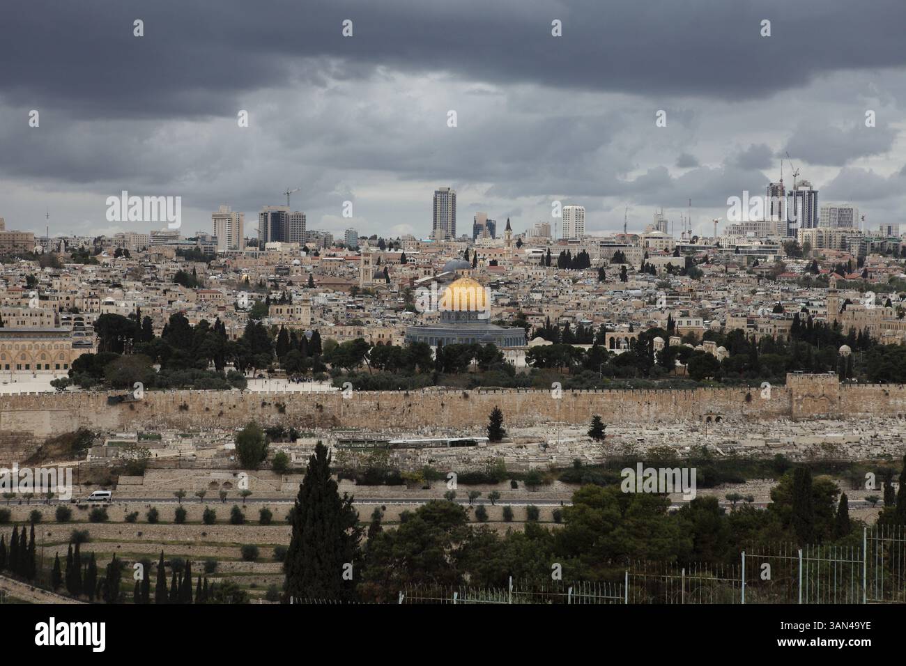 Jerusalem under cloudy sky, the Dome of the Rock on the Temple Mount ...