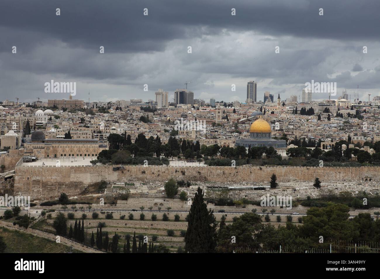 View of Jerusalem under cloudy sky, the Dome of the Rock & the Al Aqsa ...