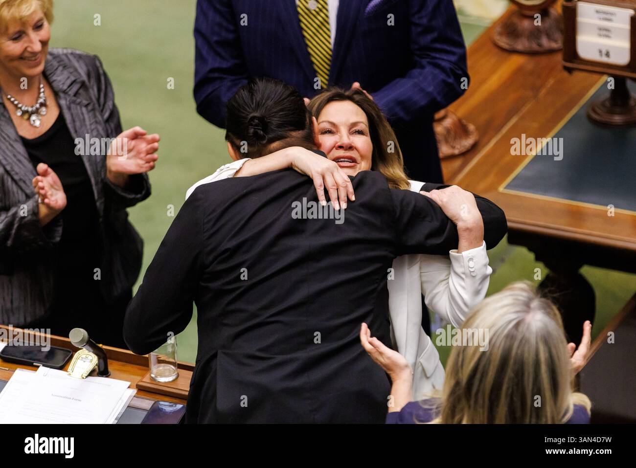 Toronto, Canada. 14th Apr, 2025. Donna Skelly, right, hugs NDP MPP Sol ...