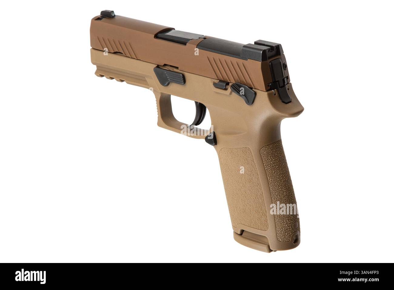 Tan-colored semi-automatic pistol side view, isolated on white ...