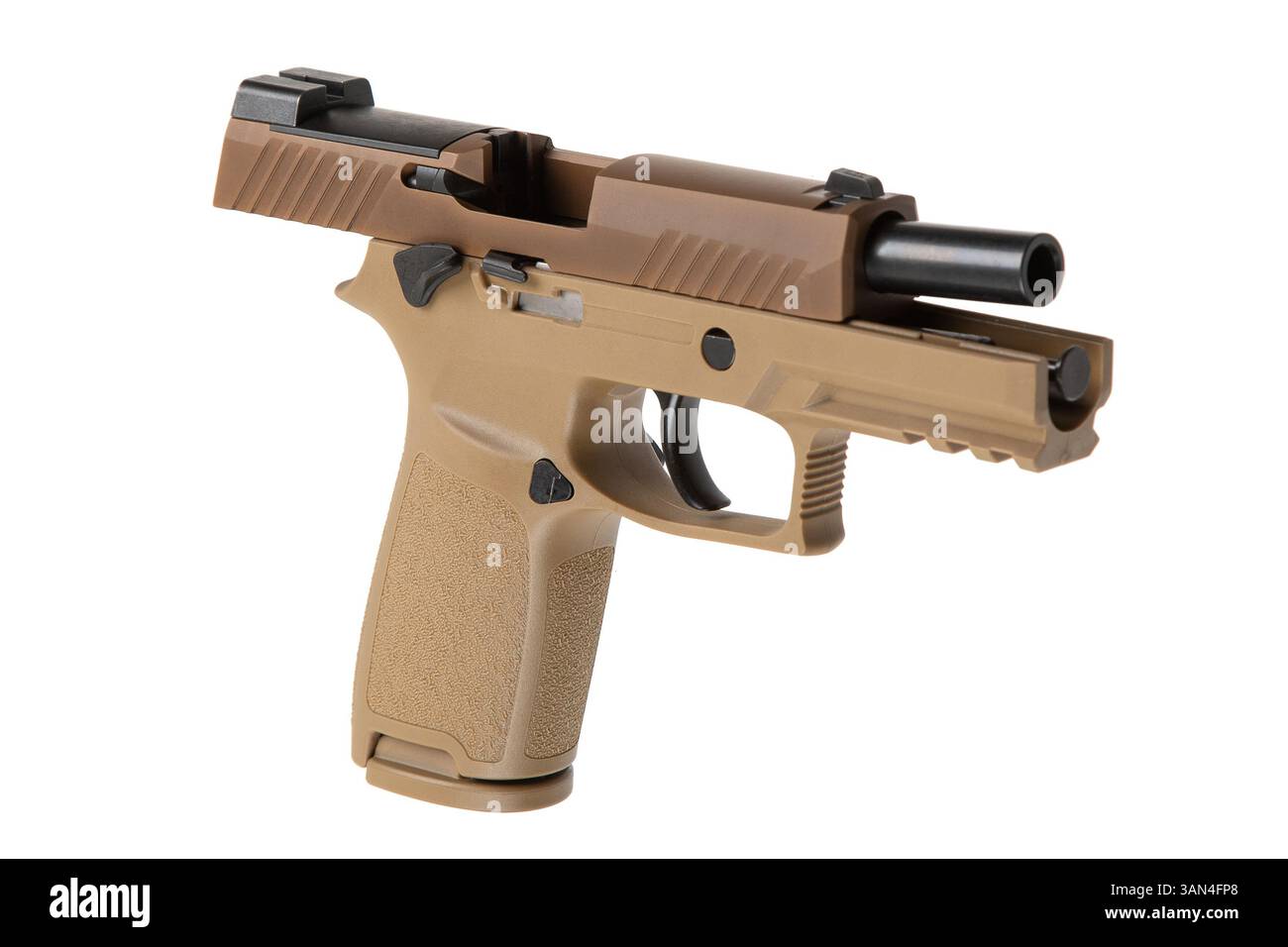 Tan tactical pistol with open slide and exposed barrel, angled side ...