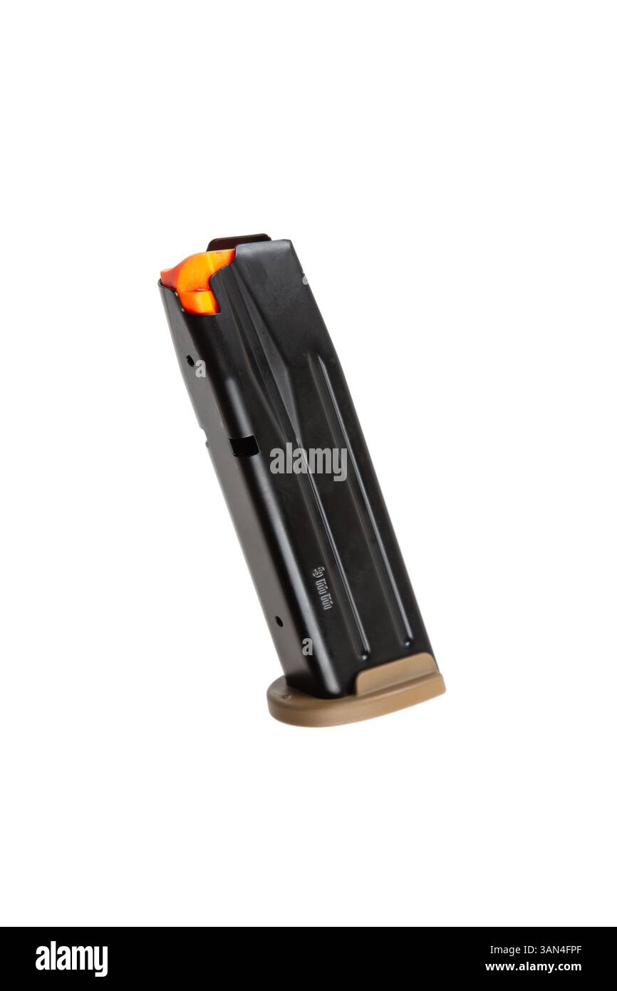 Black pistol magazine with orange follower and tan baseplate, isolated ...