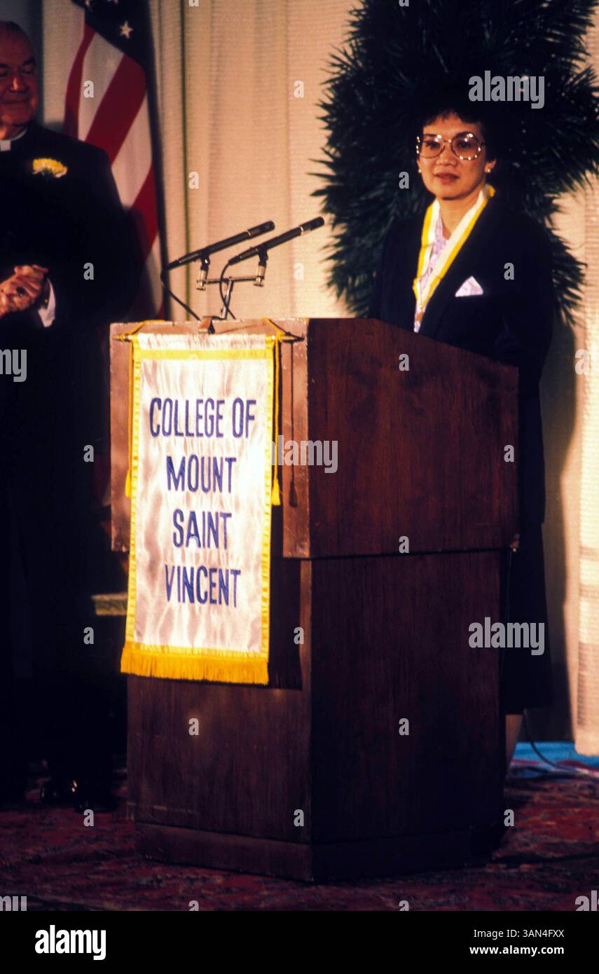 CORAZON AQUINO .At Mount Saint Vincent College, NYC. .Photo by Vincent ...