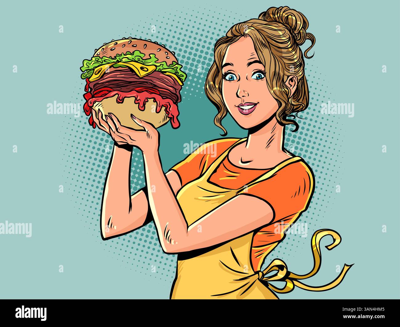 Fast food promotion advertising. Woman with burger in her hands. Hot ...