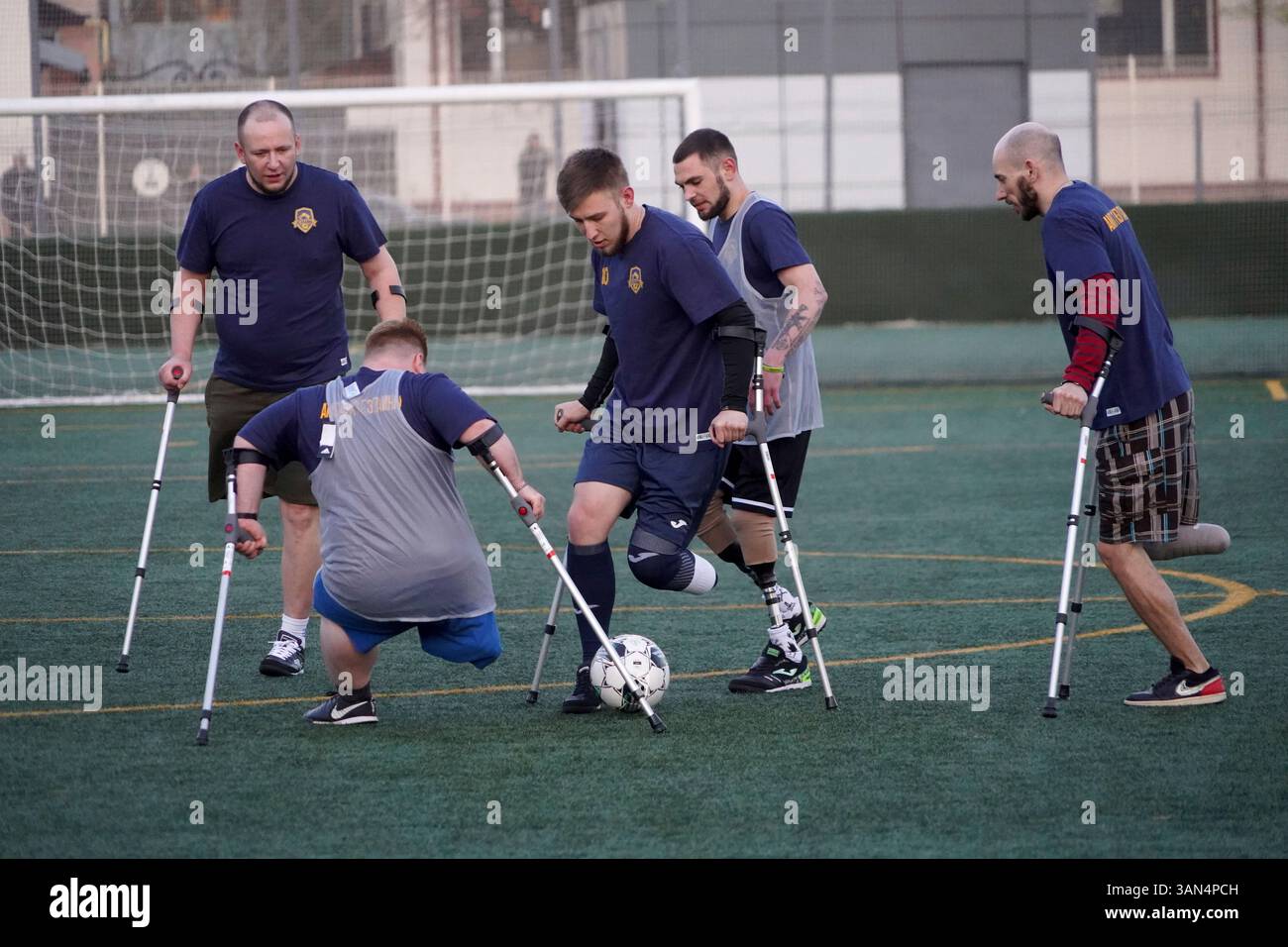 Amputee war veterans of FC Nezlamni train at the stadium in Kharkiv ...
