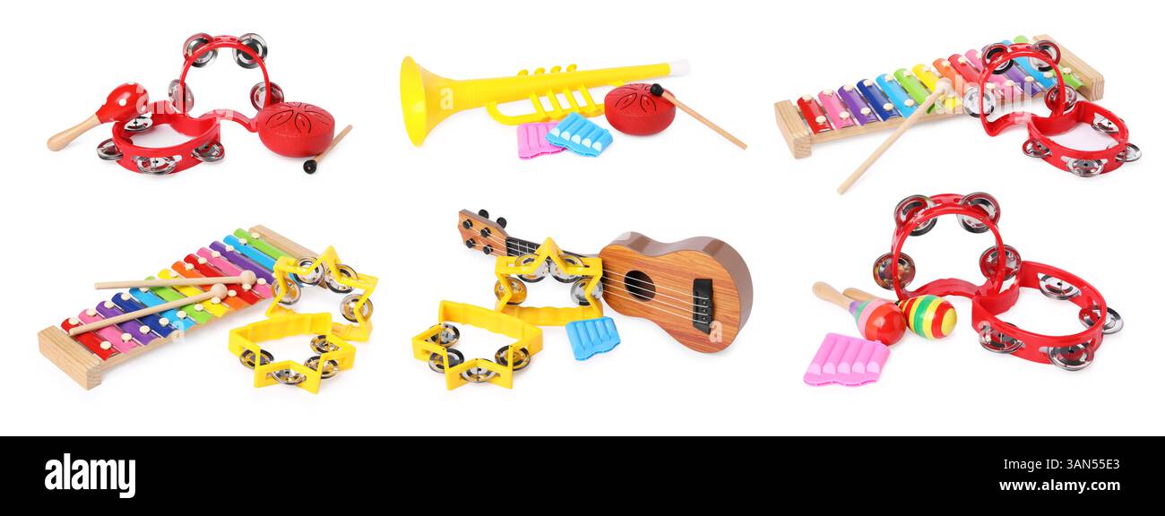 Different toy musical instruments for children on white background ...