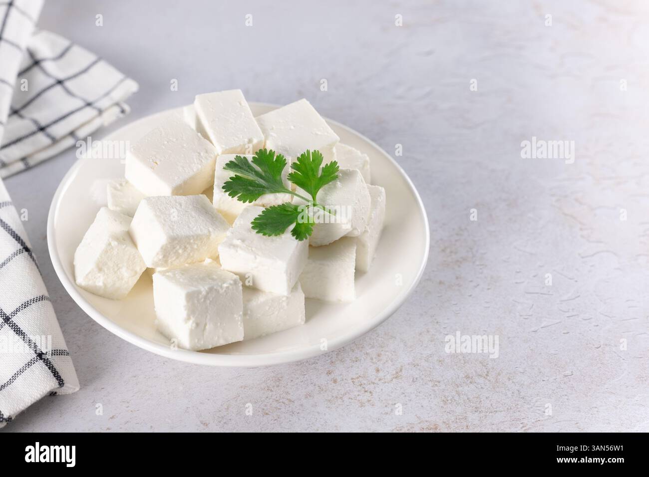 Traditional indian paneer cheese slices cubes on white background. Copy ...