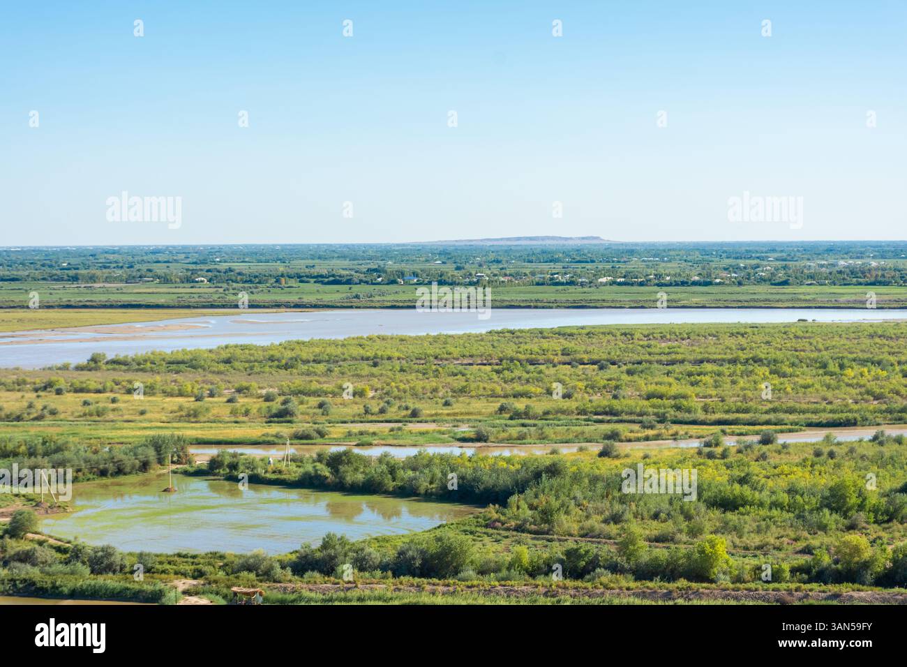 View of the Turkmenistan and Uzbekistan border with the Amu Darya river ...