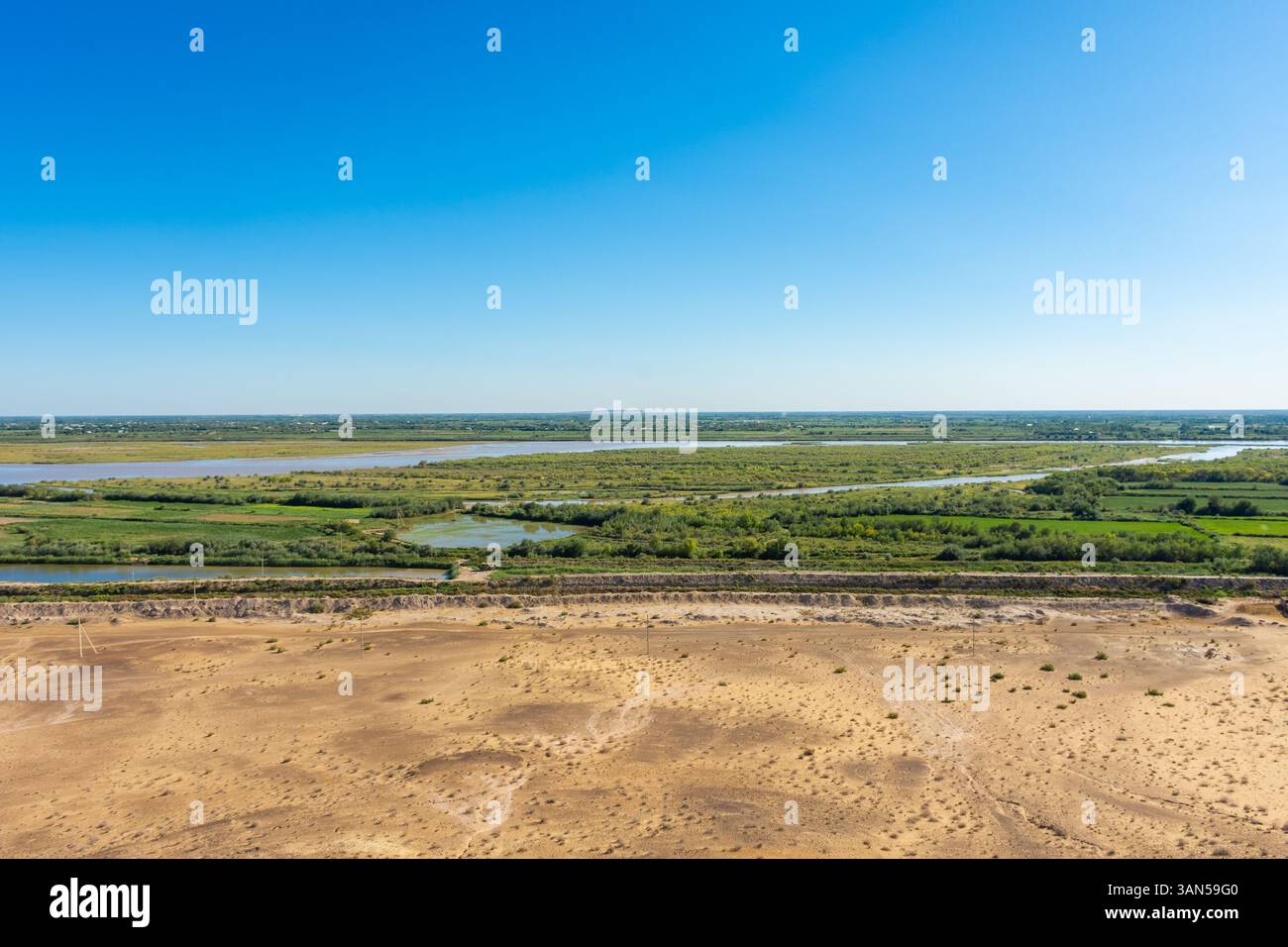 View of the Turkmenistan and Uzbekistan border with the Amu Darya river ...