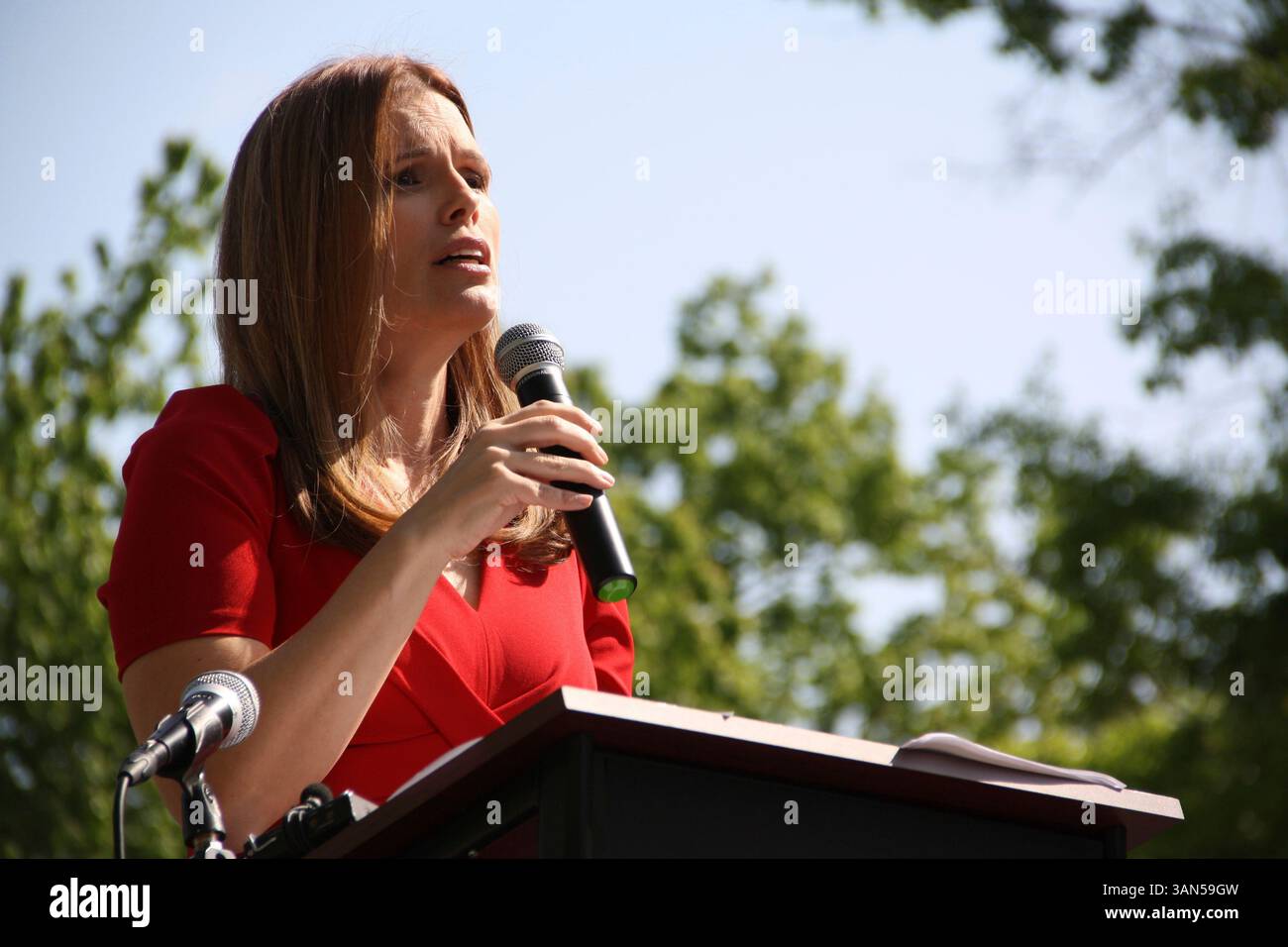 Democratic Associate Justice Allison Riggs speaks to protesters at a ...