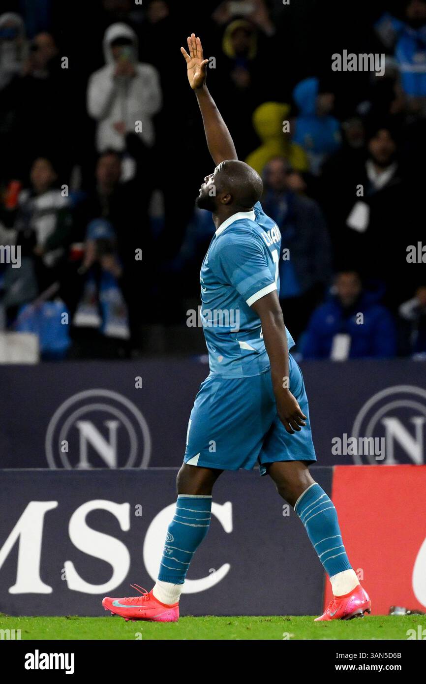 Napoli, Italy. 14th Apr, 2025. Romelu Lukaku of SSC Napoli celebrates ...