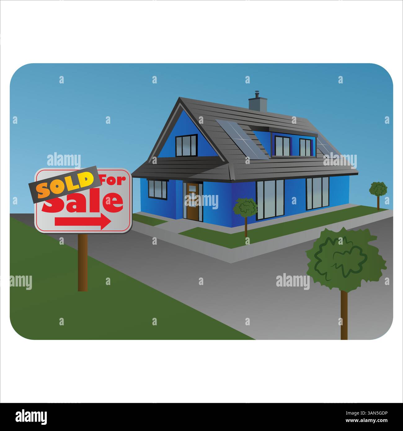 Modern blue house with solar panels on the roof and a sold sign in the ...