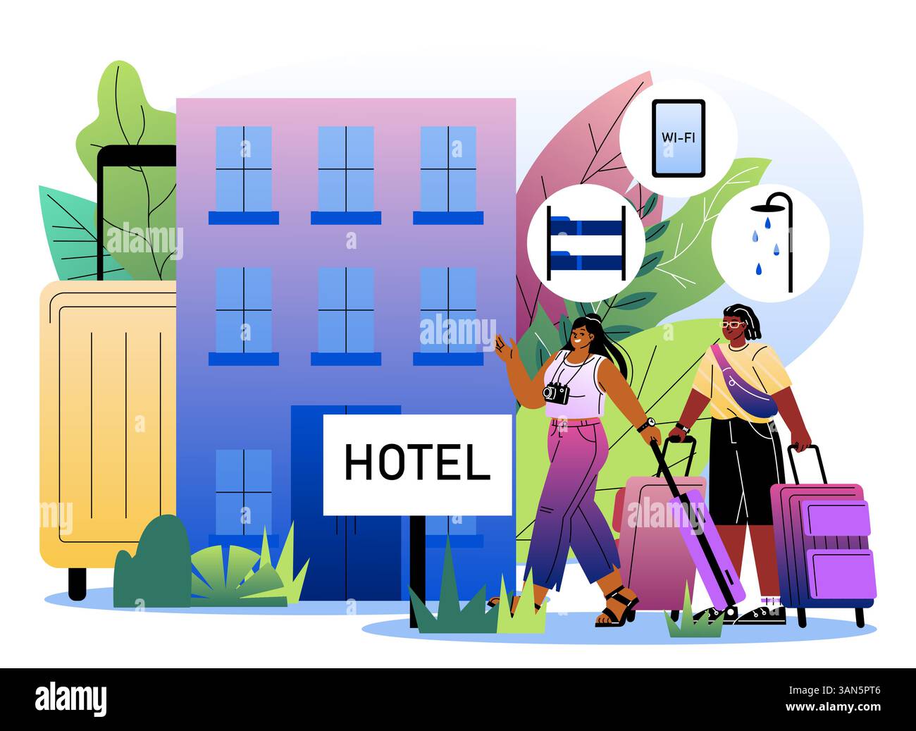 Travelers arriving at hotel entrance. Vector illustration Stock Vector ...
