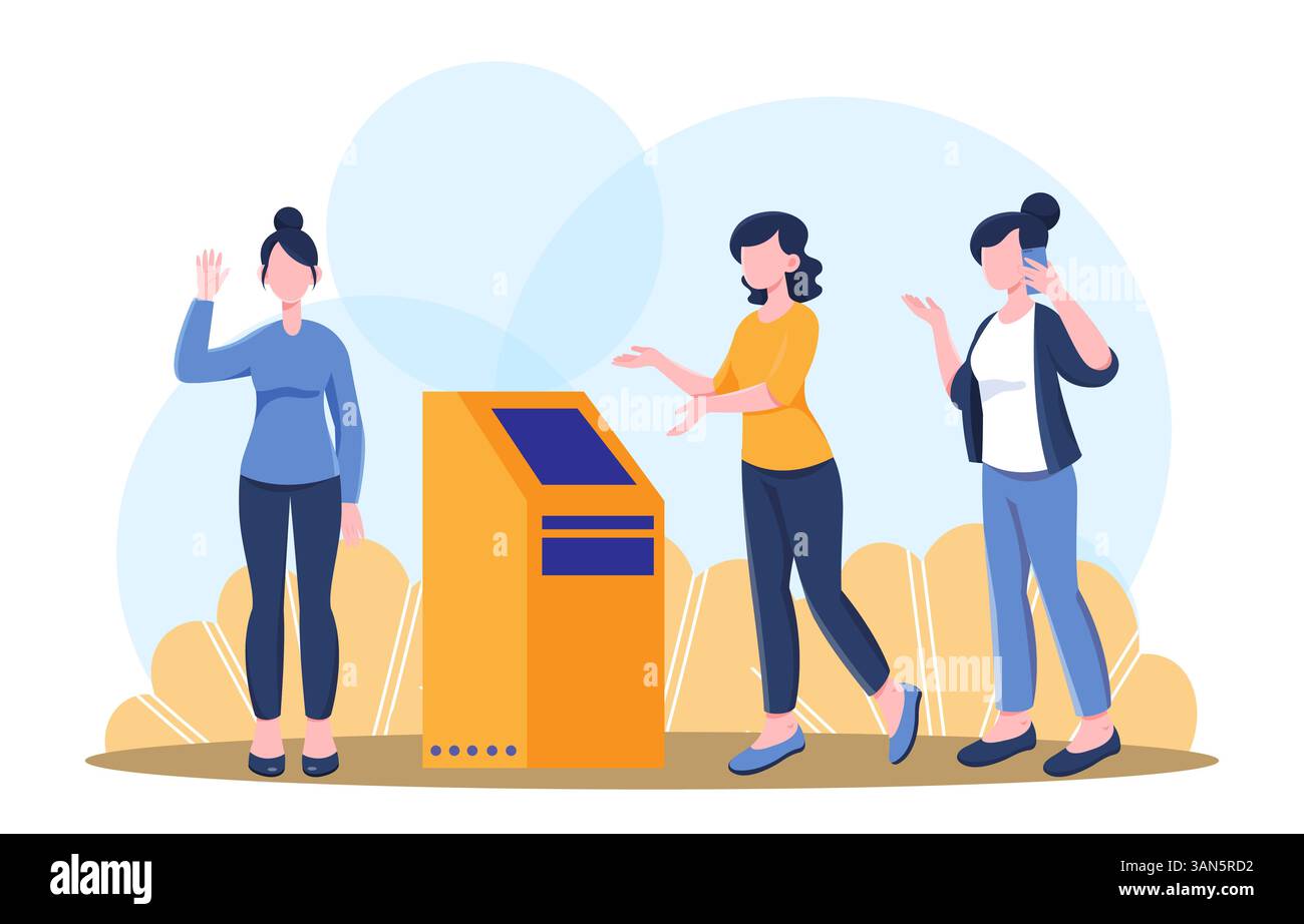 Women using self-service kiosk machine. Vector illustration Stock ...