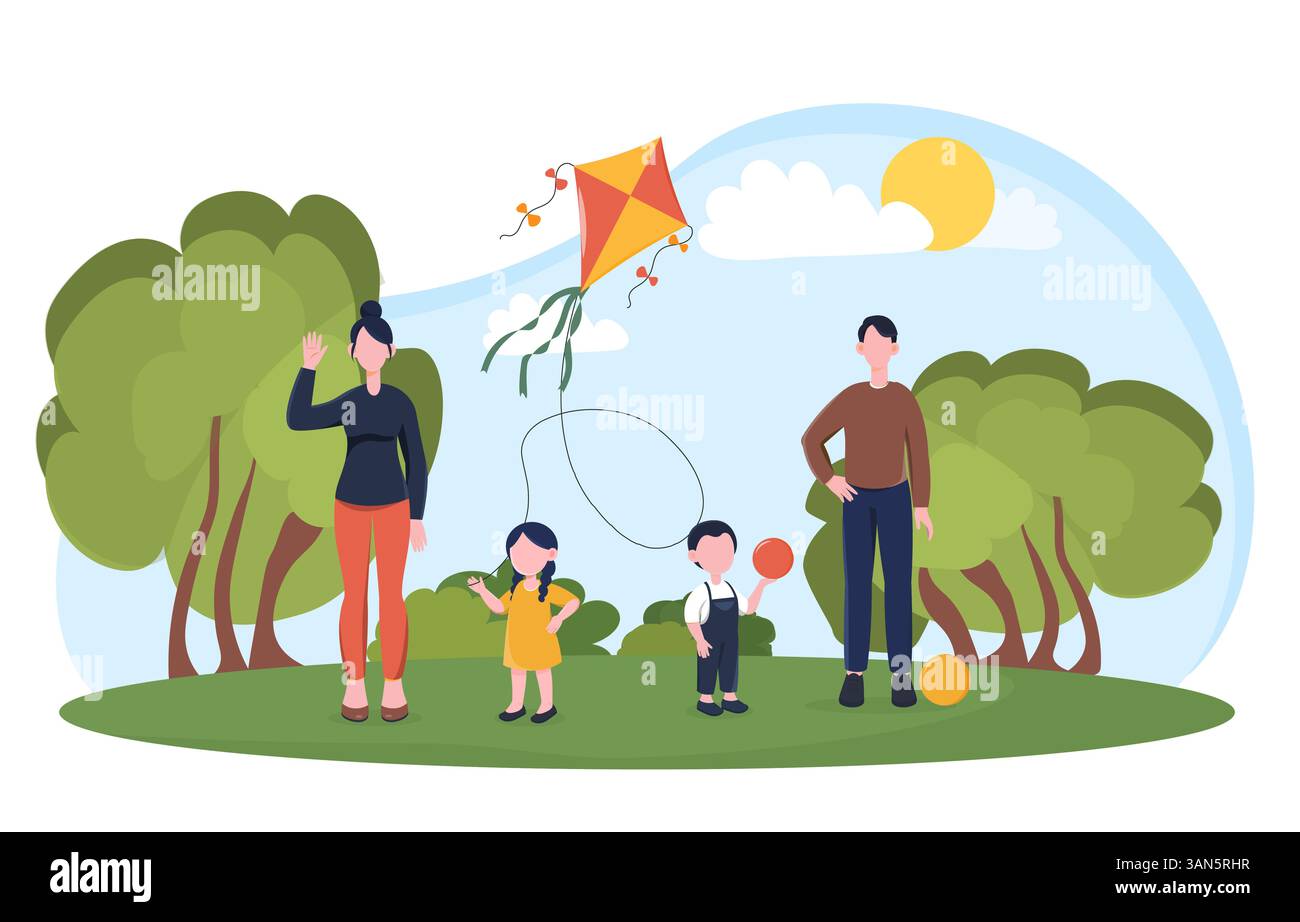 Family enjoying time flying a kite. Vector illustration Stock Vector ...
