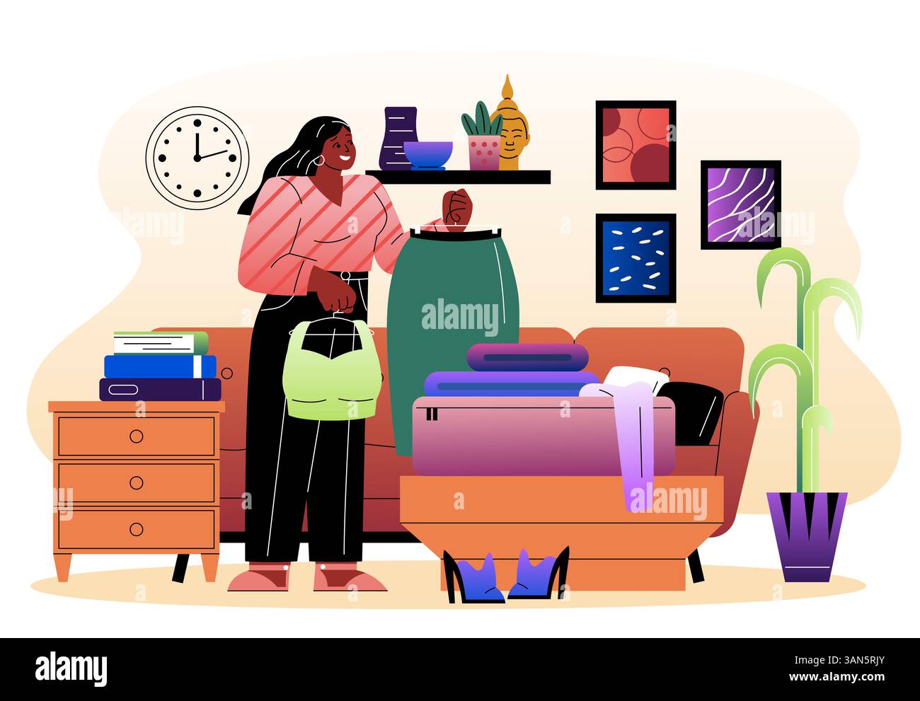 Woman packing suitcase in cozy room. Vector illustration Stock Vector ...